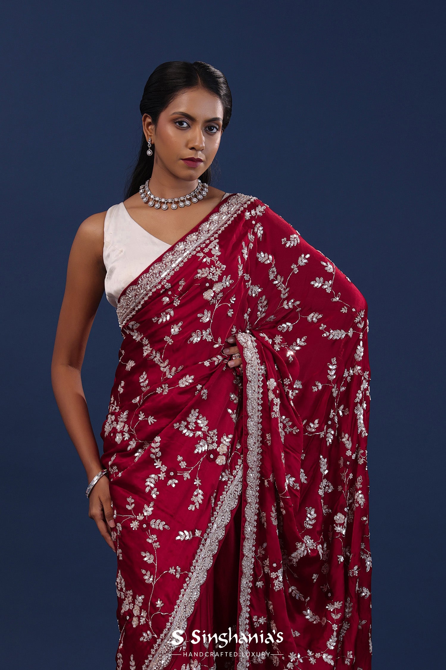 Dark Ruby Red Satin Silk Saree With Sequence Work| Singhania's