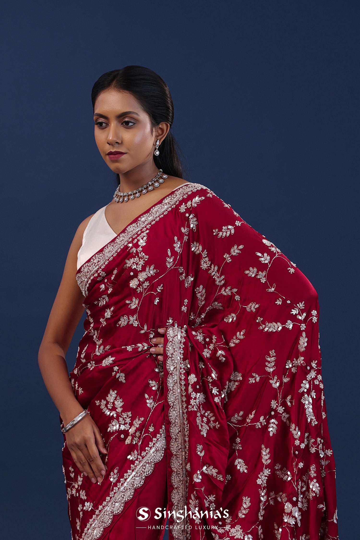 Dark Ruby Red Satin Silk Saree With Sequence Work| Singhania's