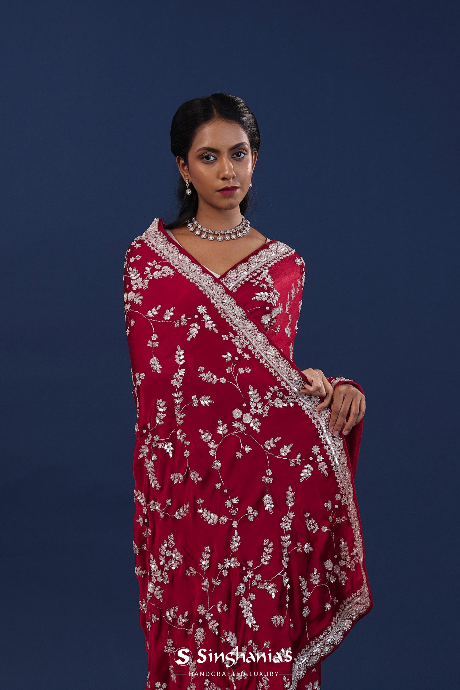 Dark Ruby Red Satin Silk Saree With Sequence Work| Singhania's