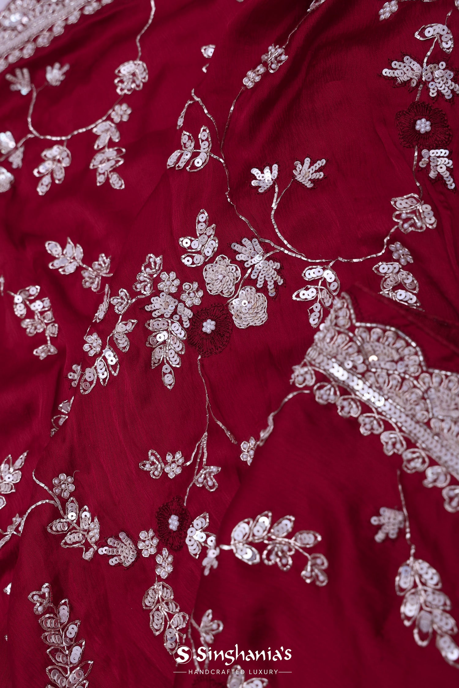 Dark Ruby Red Satin Silk Saree With Sequence Work| Singhania's