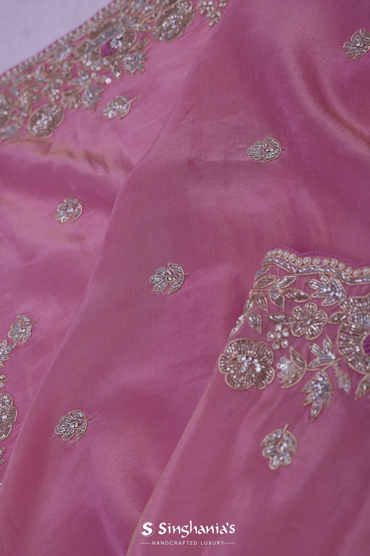 Pastel Soft Pink Tissue Saree With Cutdana Work| Singhania's