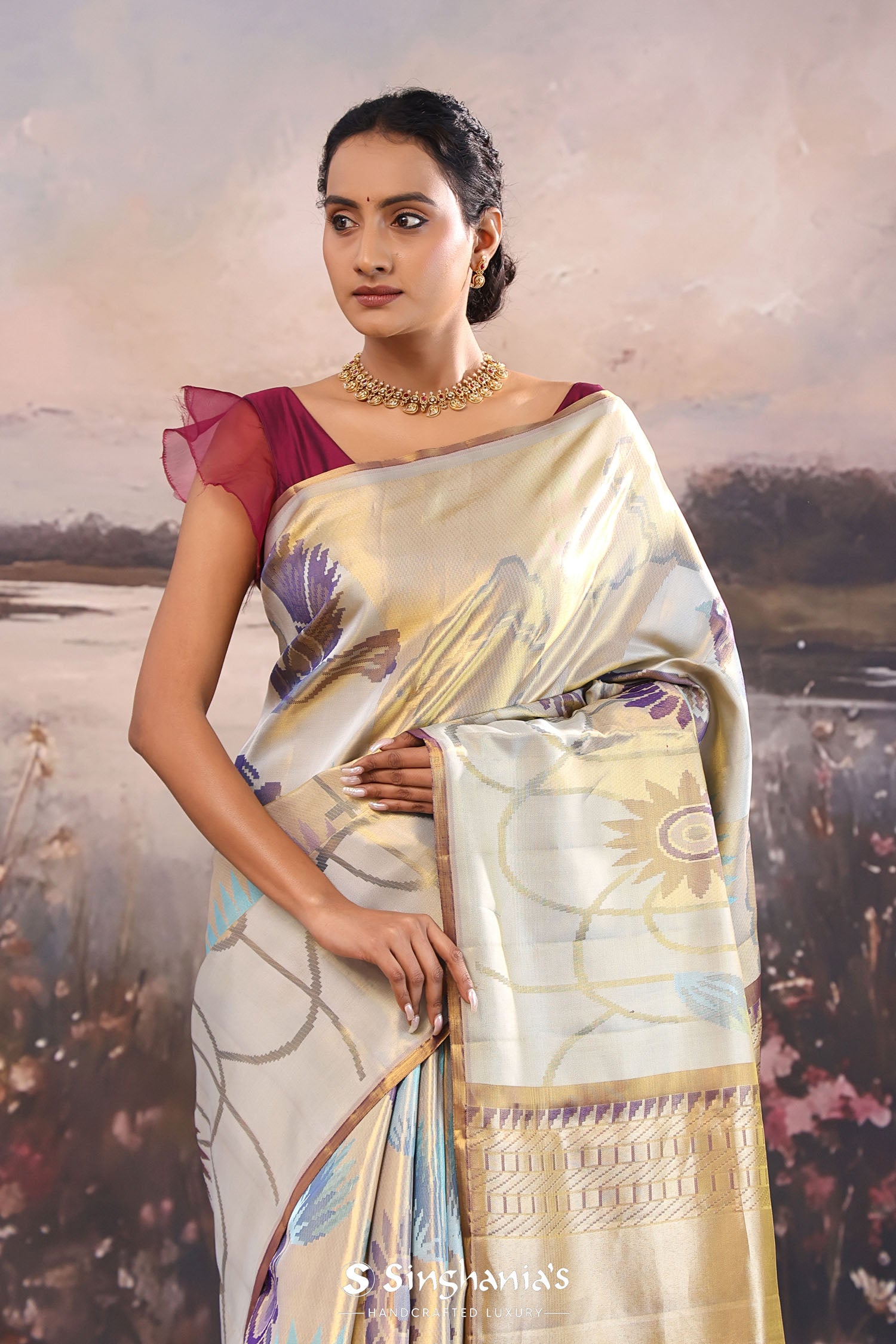 Dull Gold Kanjivaram Tissue Designer Saree With Open Border| Singhania's