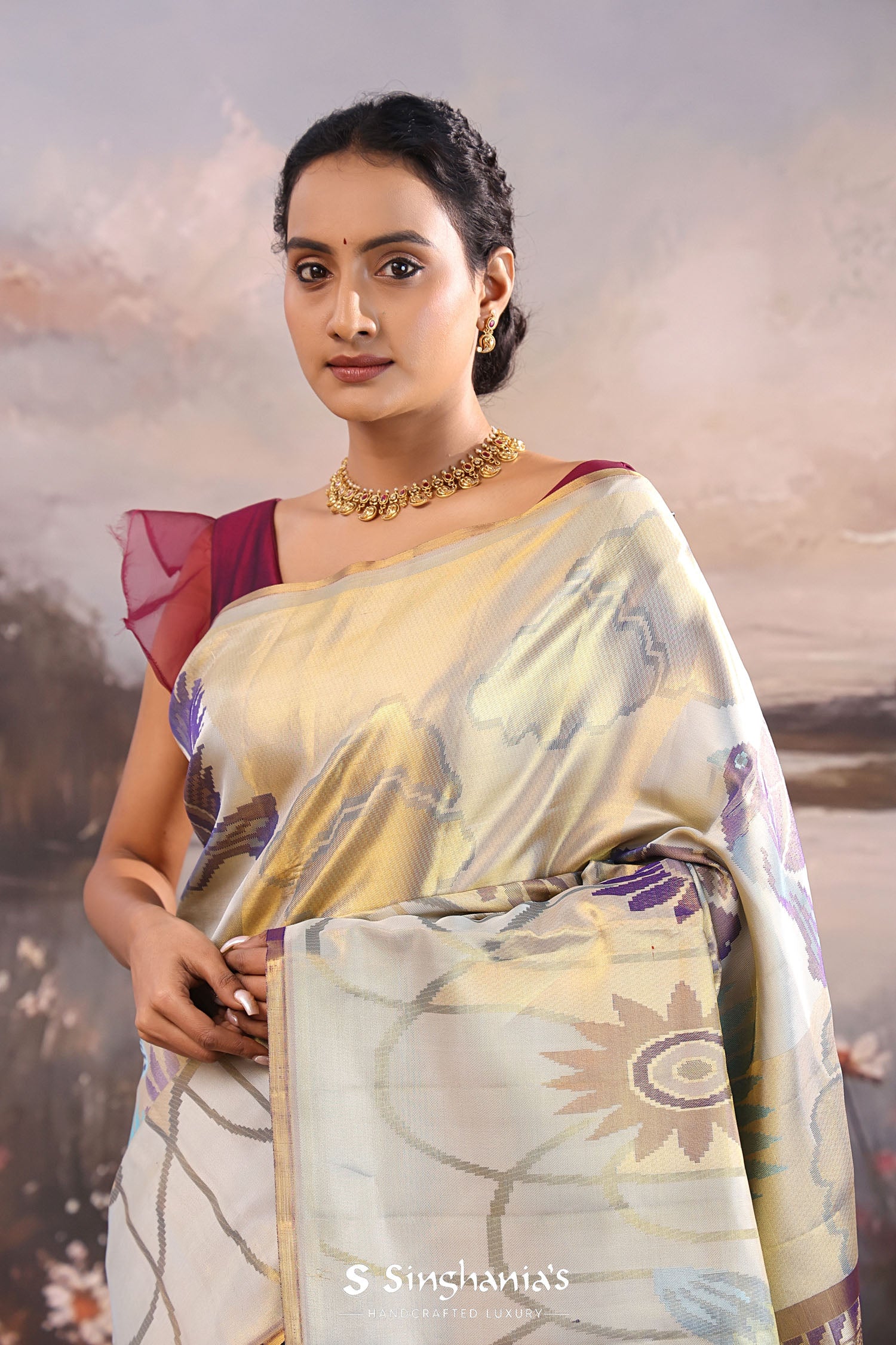 Dull Gold Kanjivaram Tissue Designer Saree With Open Border| Singhania's