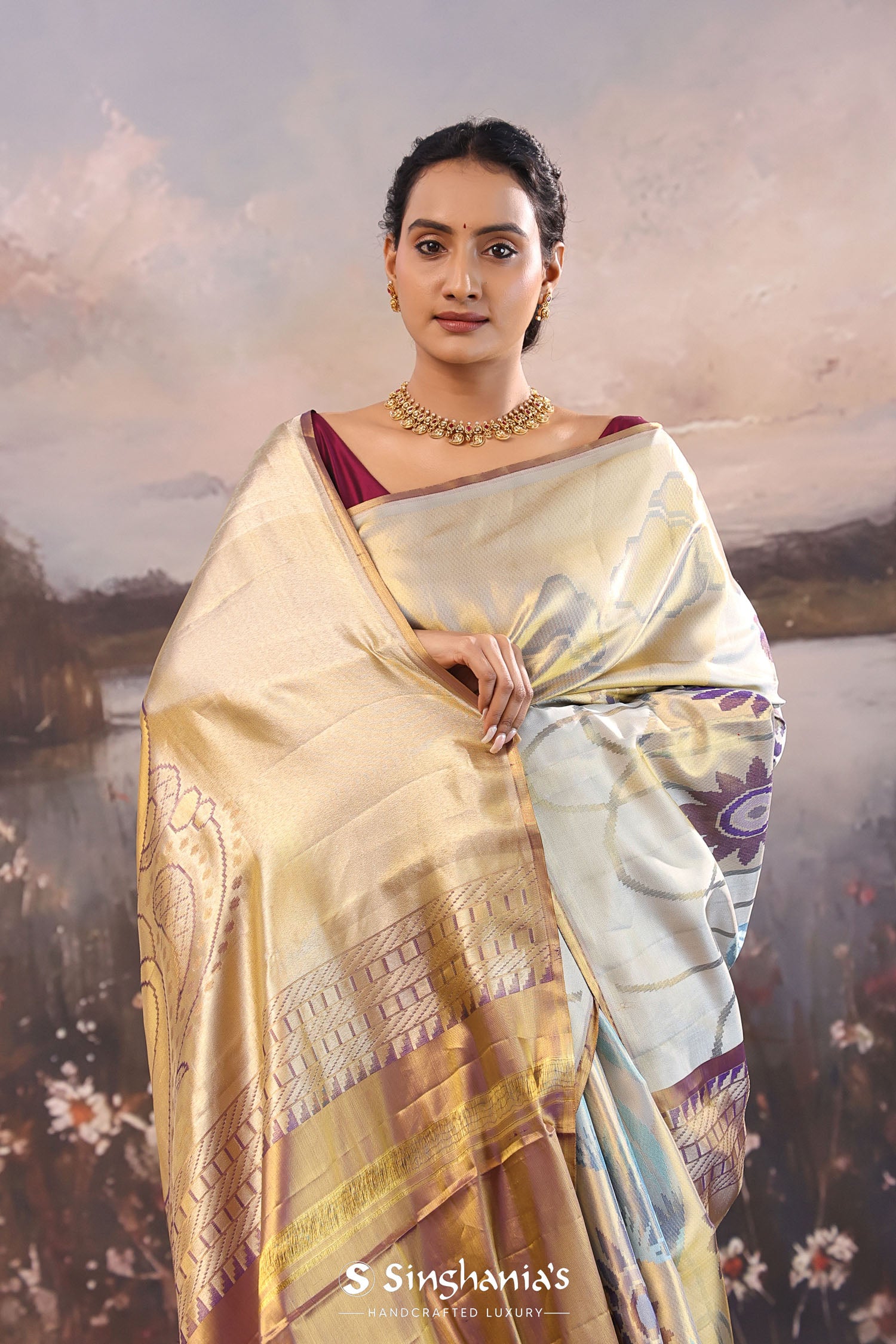 Dull Gold Kanjivaram Tissue Designer Saree With Open Border| Singhania's