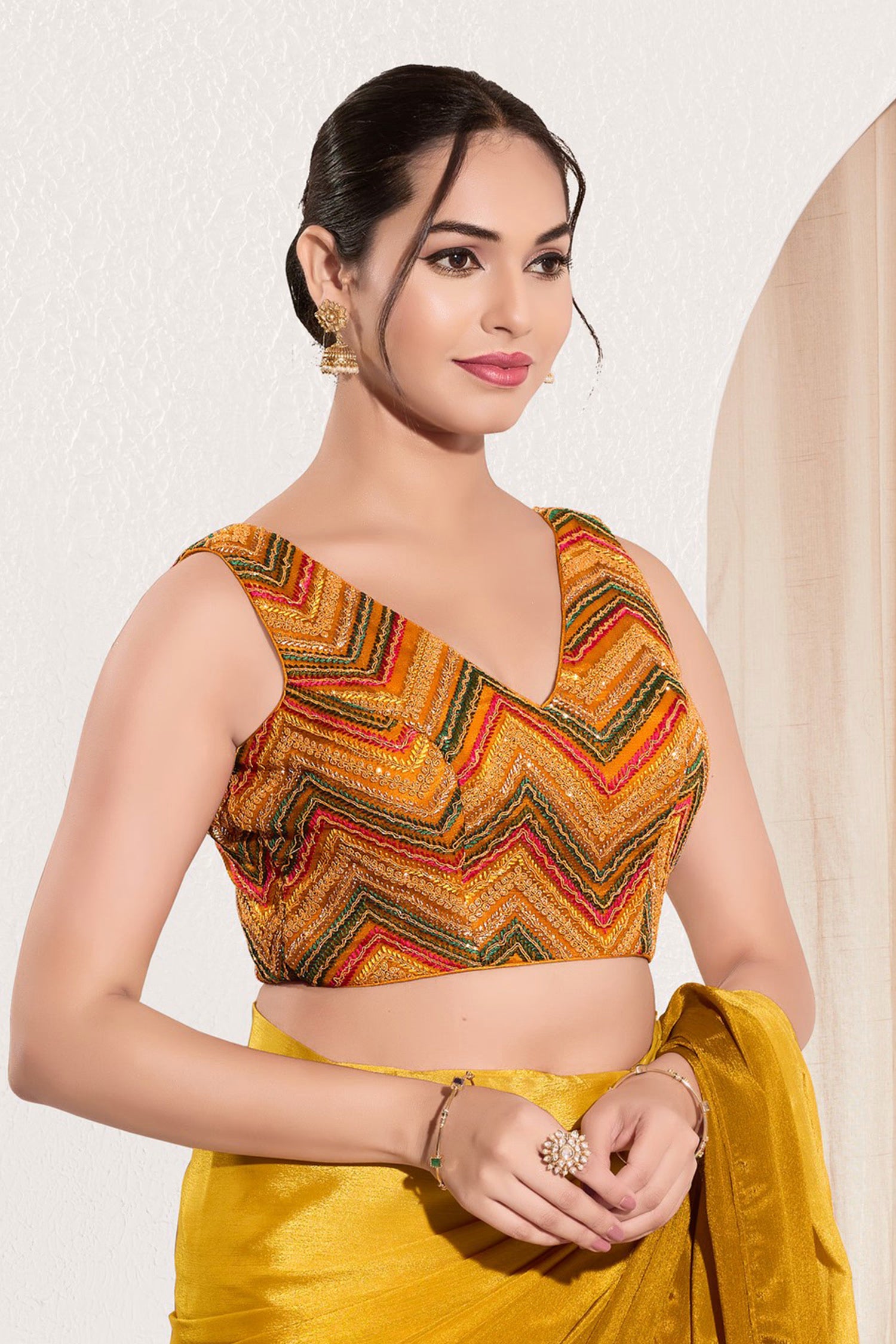 Mustard Yellow Raw Silk Embroidered Blouse| Singhania's
