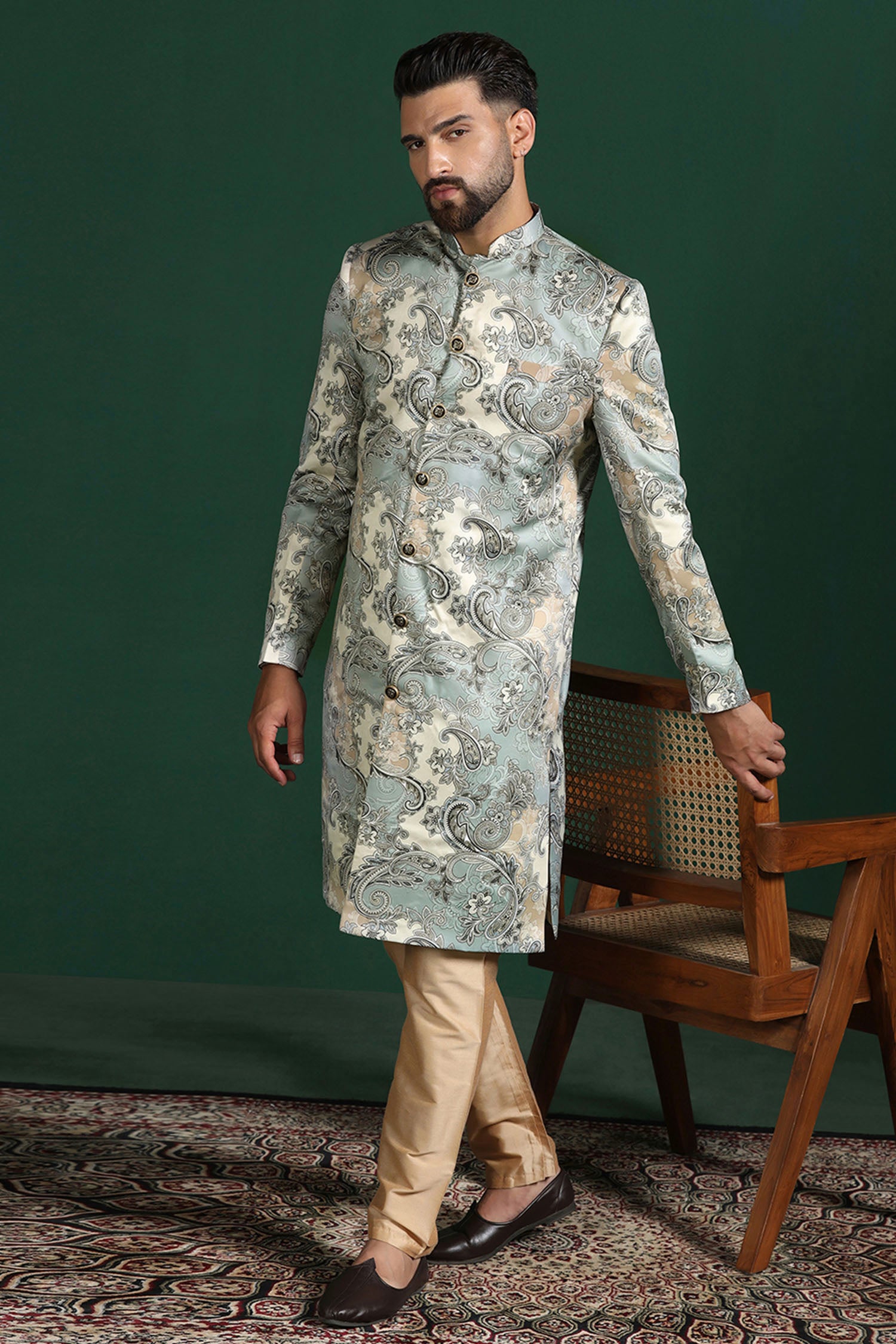 Ash Grey And Cream Cotton Blend Printed Sherwani Set| Singhania's